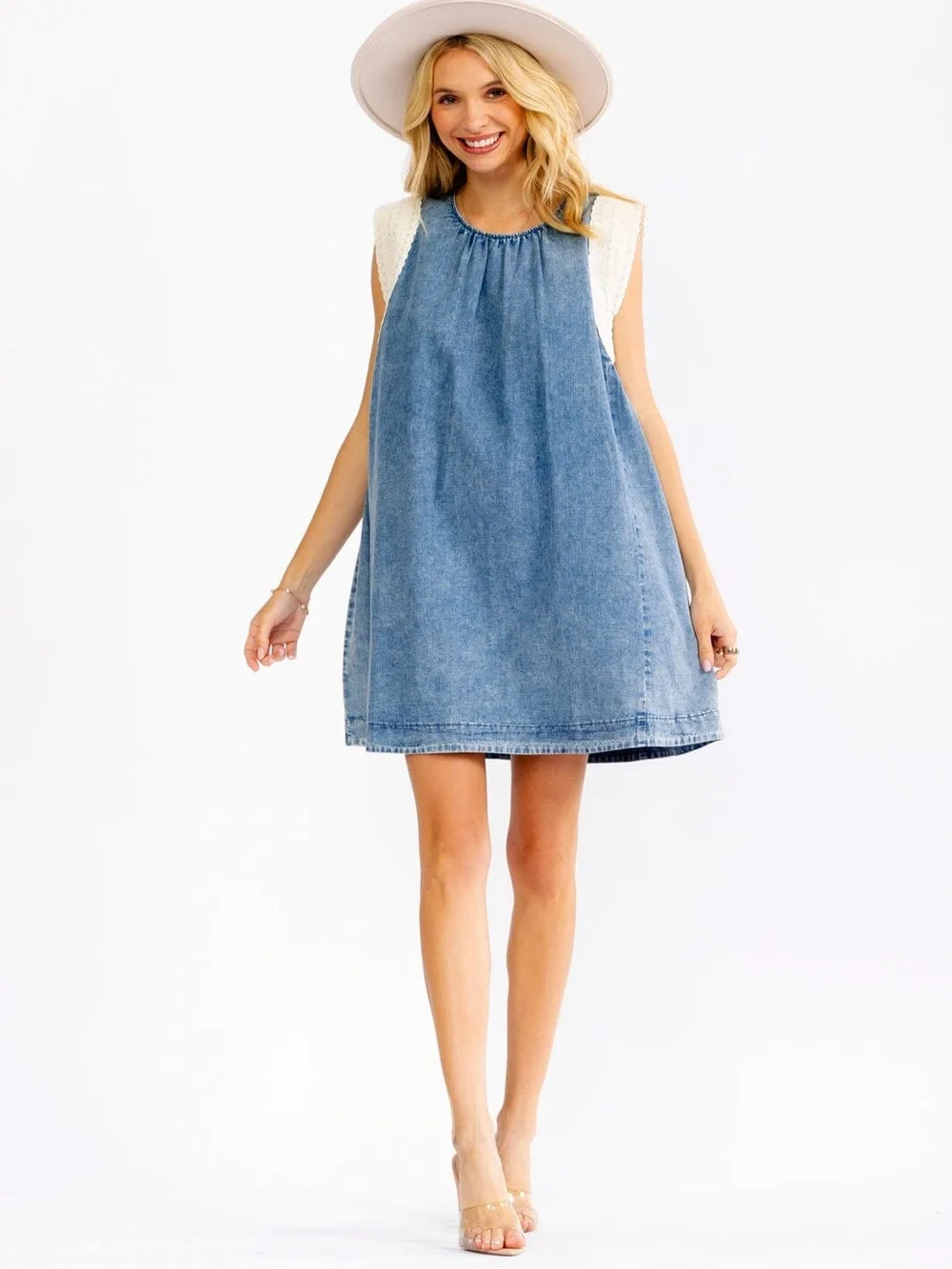 Dresses | D99 Sleeveless Light Blue Denim Mini Dress With Crochet ...